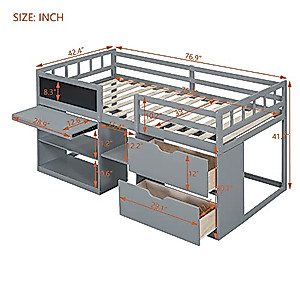BOVZA Twin Size Low Loft Bed with Rolling Desk and Storage Shelves, Wooden Loft Bed Frame with 2 Drawers and Chalkboard for Kids Teens Boys Girls, Gray