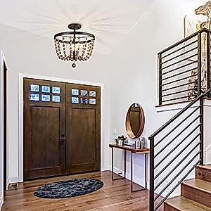 LALUZ Ceiling Light Fixture, 3-Light Boho Light Fixture, Farmhouse Wood Beaded Chandelier for Entryway, Foyer, Dark Silver Brushed, 16.1 ” D x 17.3” H