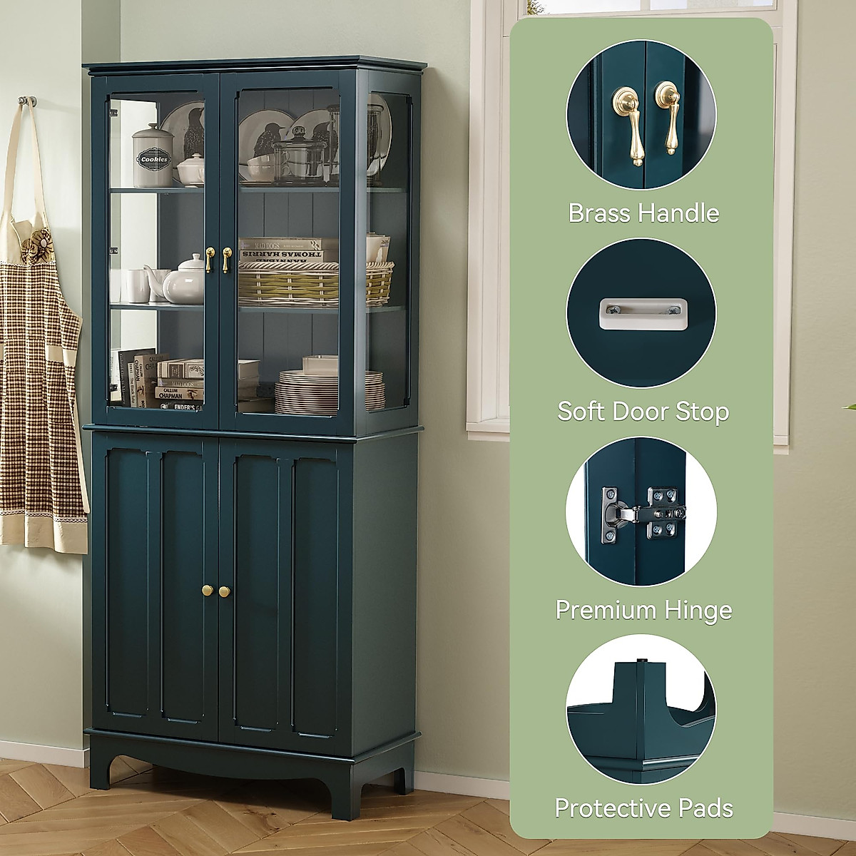 ARTPOWER 72" Freestanding Kitchen Pantry Storage Sideboard, Classical Tall Cabinet with Glass Door and Adjustable Shelves for Kitchen, Livingroom and Dining Room, Dark Teal