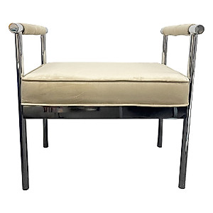 First of a Kind Modern champagne Seating Bench with arms, Modern Style Velvet upholstered Entry Way champagne Bench with Silver Frame, Seating Bench for Living Room, entryway, Bedroom, Vanity, Office.