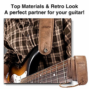 LEKATO Bass Strap for Electric Guitar & Bass 2.5” Wide Leather Bass Guitar Strap with Foam Padded Bass Guitar Strap Leather Bass Guitar Strap Adjustable Length from 41” to 51” Leather Guitar Straps
