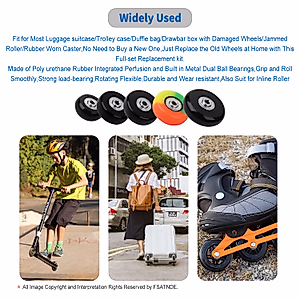 FSATNDE Luggage Suitcase Replacement Wheels Set of 4 PU Bearing Wheels-Install Width 0.8in/21mm with 3 Size Axles and Hacksaw for Trolley Bag Drawbar Box Smooth Rolling Repair(40mm x 18mm)