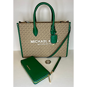 Michael Kors Mirella MD EW Logo Tote Bag bundled with Large Continental Wallet and Purse Hook (Palmetto Green)