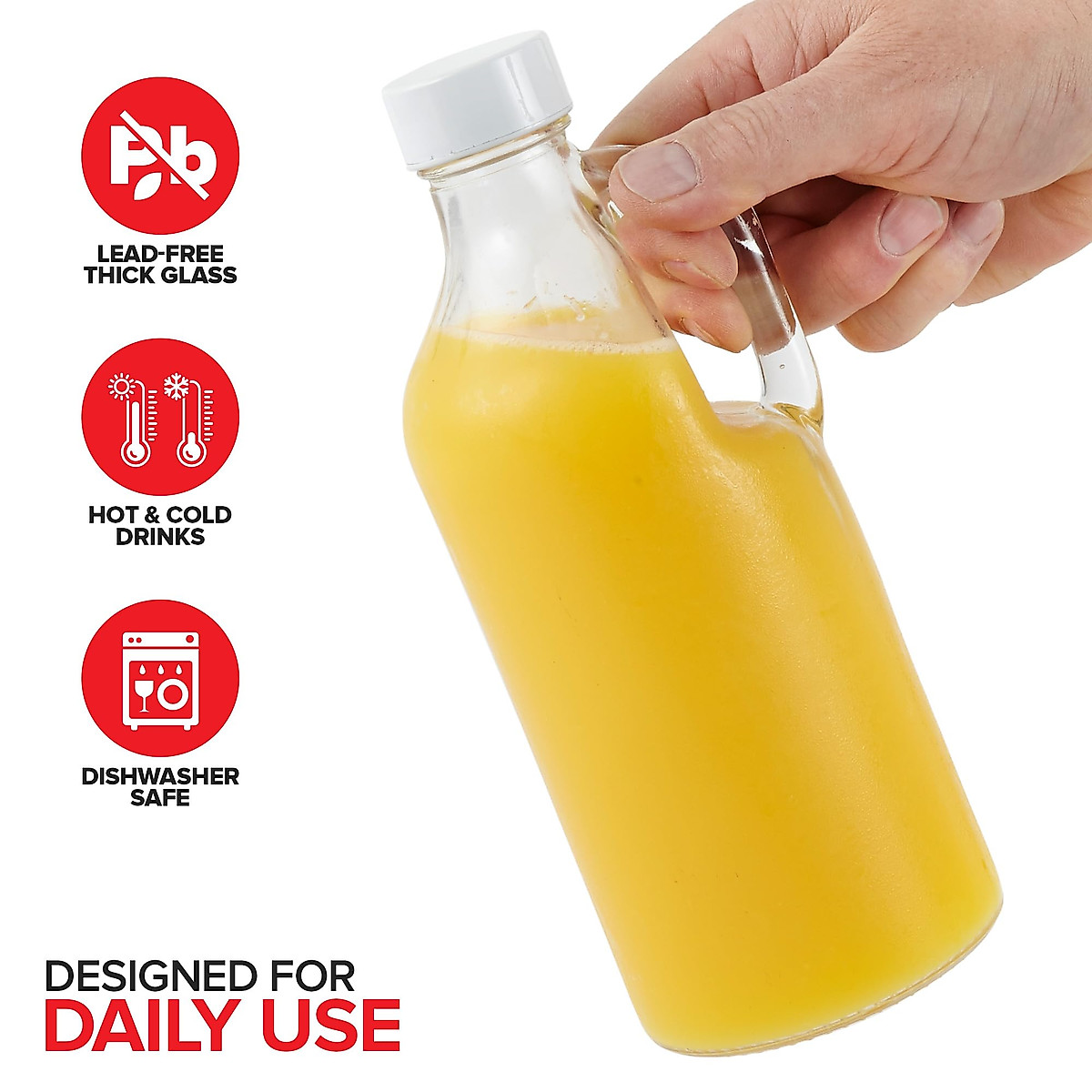 Stock Your Home 40 oz Glass Milk Bottle with Lid and Handle (2 Pack), 4 Reusable Caps, Milk Container for Refrigerator, Glass Juice Bottles, Water, Almond Cow Milk Storage Bottle, Glass Milk Jug