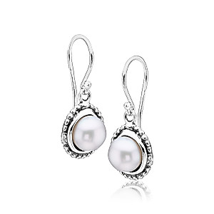 925 Sterling Silver Dangle Drop Earrings w/Freshwater Pearl Nested in Beaded Bezel Antique Finish, Stylish, Hypoallergenic, Nickel & Lead-free, June Birthstone, French Wire Back, Made In Israel