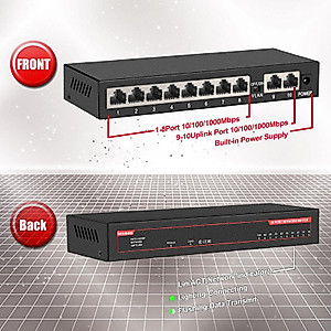 ienRon 10 Port Gigabit Switch, 8 Gigabit Ports + 2 Gigabit Uplink Ports, Unmanaged Ethernet Switch, Internet Switch Network Switch with AI Detection VLAN Mode | Plug and Play| Fanless Metal Design