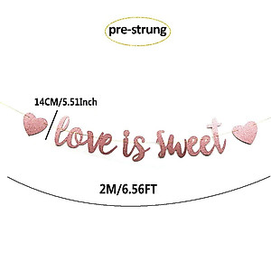 Rose Gold Love is Sweet Banner for Wedding Bridal Shower Engagement Party Sign Backdrops with Two Paper Hearts Pre-Strung (Rose Gold)