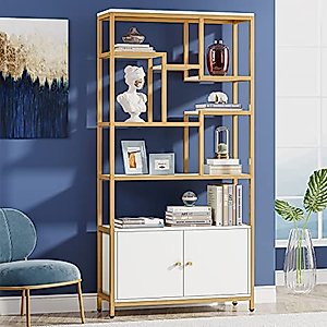Tribesigns White Gold Bookshelf Bookcase with Doors 74 Inches Tall Bookshelf, Modern Gold Bookshelf 6 Tier Display Shelf Etagere Bookcase Narrow Metal Bookshelf for Living Room, Bedroom, Office