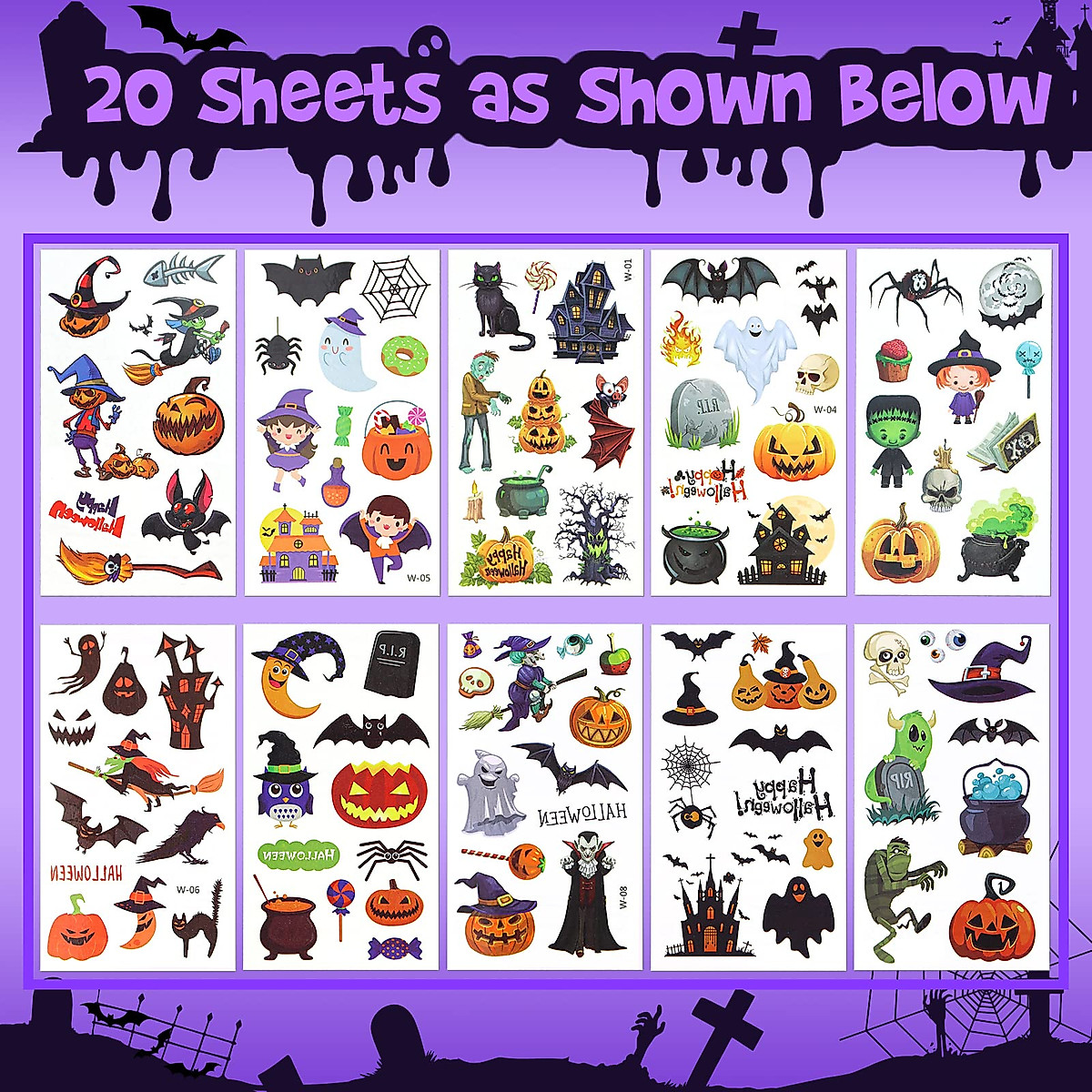 20 Sheets Halloween Temporary Tattoos for Kids, Waterproof Fake Tattoos Stickers, Halloween Activities for Kids, Halloween Parties Favors Decorations Gift Supplies for Toddlers, Children, Boys and