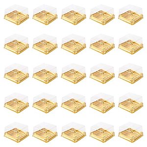 DOITOOL 150 Pcs Plastic Square Moon Cake Boxes Cupcake Boxes Plastic Mini Cake Box Golden Packing Box Cheese Pastry Display Holder for Wedding Birthday Christmas Party Supplies (2.16x2.16inch)