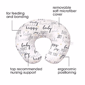 Boppy Nursing Pillow Original Support, Baby Love Black White Gold, Ergonomic Nursing Essentials for Bottle and Breastfeeding, Firm Fiber Fill, with Removable Nursing Pillow Cover, Machine Washable