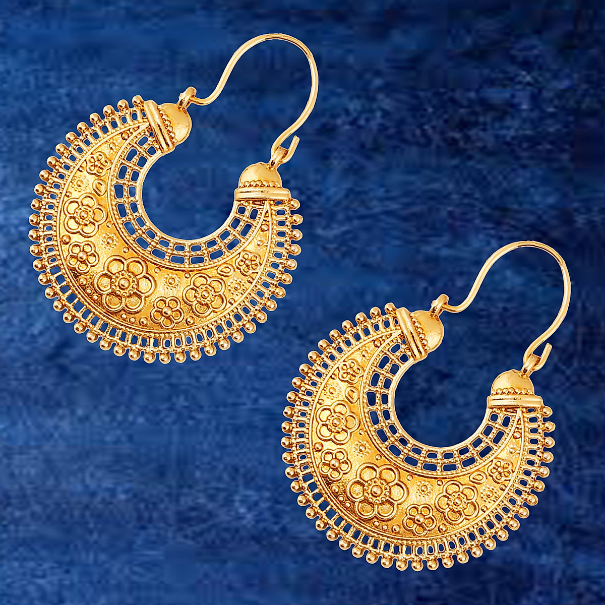 Touchstone Indian bollywood pretty fringes and floral theme ethnic south Indian chandbali moon bridal designer jewelry chandelier earrings for women in antique gold tone.