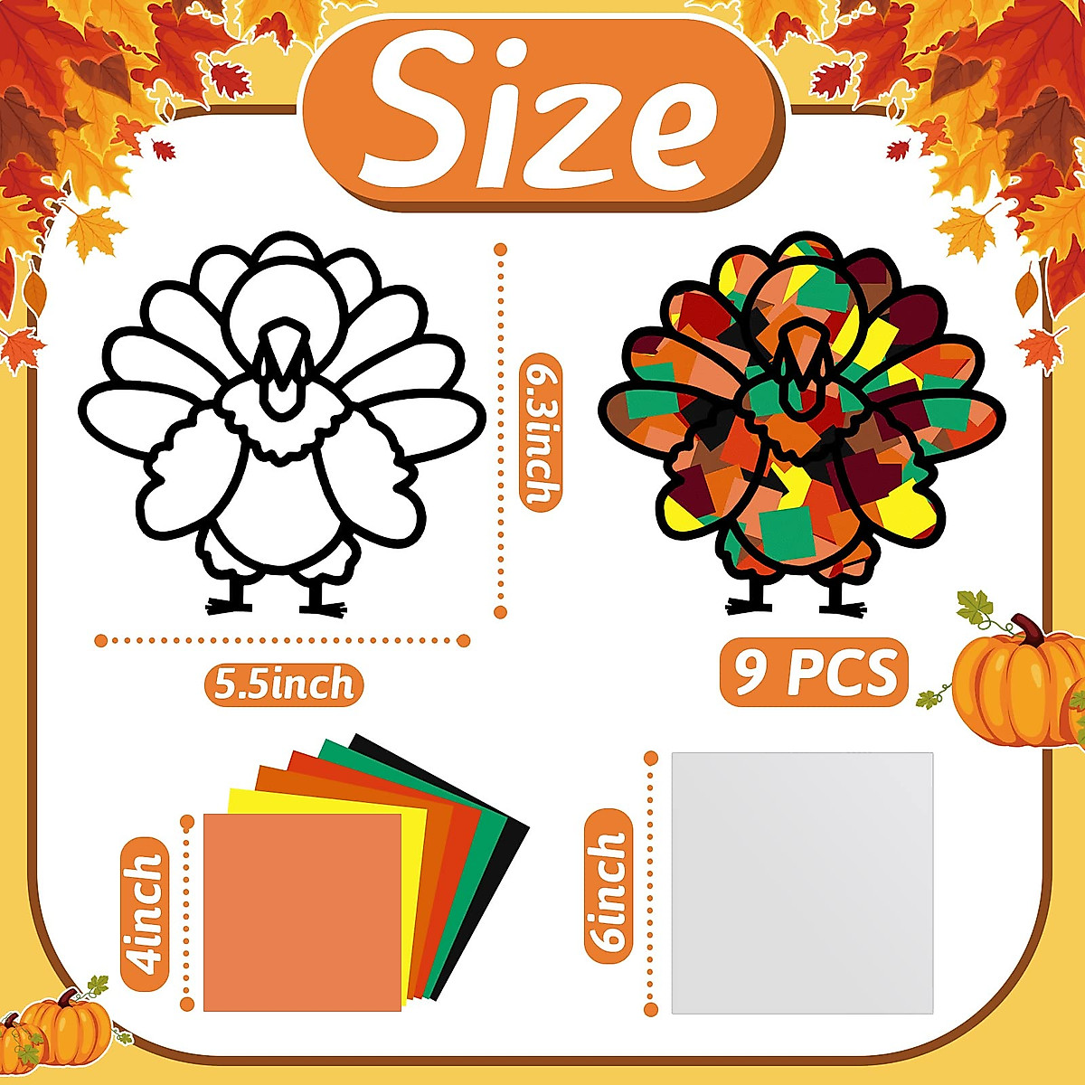 Gueevin 18 Sets Thanksgiving Stained Glass Effect Paper Suncatchers Thanksgiving Suncatcher Kit DIY Suncatcher Paper with tissue paper and glue sticks for Children Window Classroom Arts and Crafts
