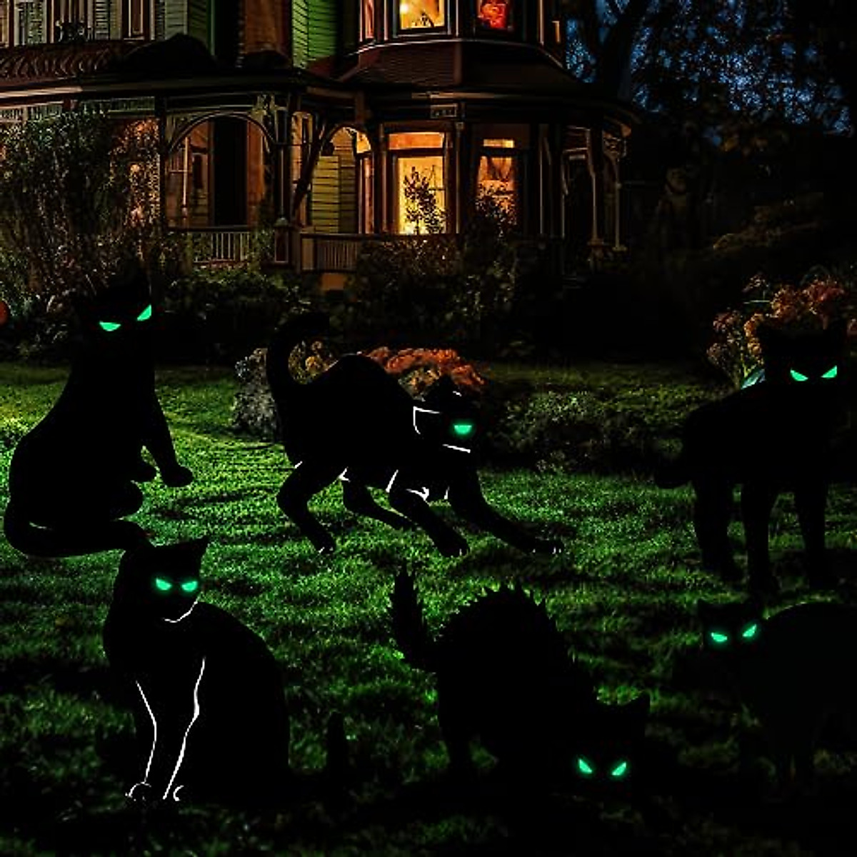 Halloween Yard Signs,6 pack Black Cat with Fluorescent Eyes,Halloween Decorations Outdoor,Scary Silhouette with Stakes for Yard Lawn Deco Party