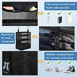 OUMEDUO Portable Hanging Travel Shelves, Upgraded Premium Durable Oxford Packing Cubes for Suitcases Hanging Carry on Closet Luggage Organizers for Travel (Black)