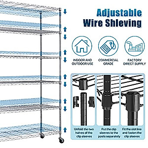 Dkelincs 6 Tier Wire Shelving Unit with Wheels 48" X 18" X 76" Metal Storage Shelves Height Adjustable NSF Heavy Duty Commercial Grade Garage Shelf Rack for Kitchen Basement Restaurant，Chrome