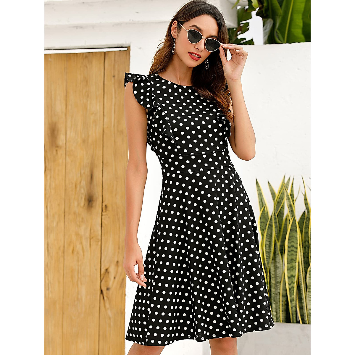 YATHON Women's Vintage Ruffle Floral Flared A Line Swing Casual Cocktail Party Dresses (S, YT001-Black Dot)