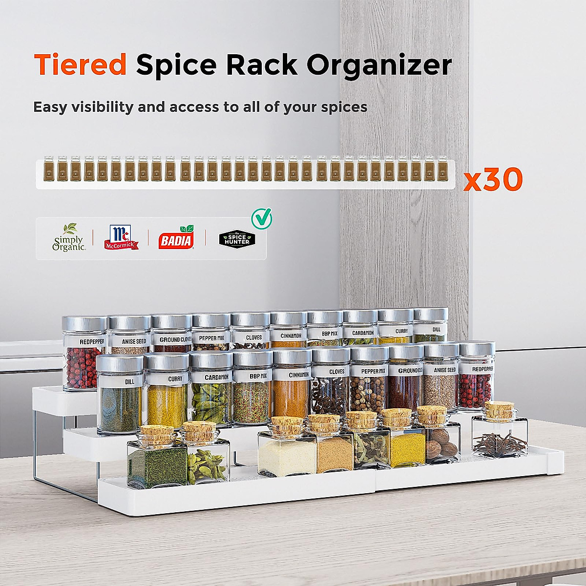 INVOCOO Expandable Spice Rack Organizer for Cabinet - 3 Tier Adjustable Cabinet Spice Organizer Easy Visibility - Spice Organizer for Cabinet Countertop Cupboard Pantry Organization (White)