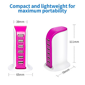 Wyssay 10A(50W) Universal USB Charger，6-Port Independent Desktop USB Charging Station，Multi Charger Block with 4 Ft Extension Cord, USB Fast Charger for Phone Ipad and More(Pink)
