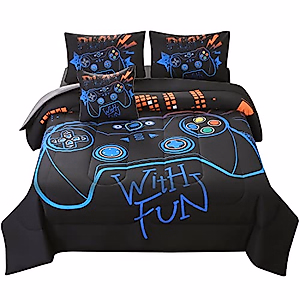 JQinHome Twin Gaming Comforter Sets for Boys,6 Piece Bed in A Bag 3D Video Game Bedding -All Season Soft Microfiber Gamer Bedding Sets for Kids, with Pillowcase, Flat Sheet, Fitted Sheet,Cushion Cover