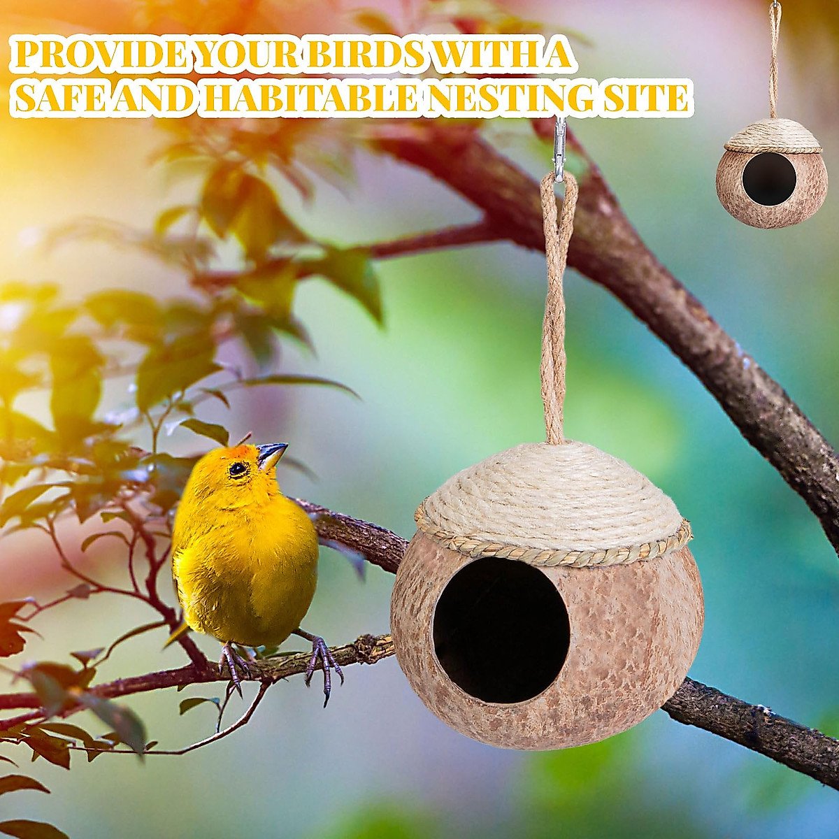 Suzile 3 Pcs Natural Coconut Bird Hide Nest Hut for Cage with Woven Straw Bird Parakeet Coconut Fiber Hanging Birdhouse Cage Habitats Decor for Parrot Cockatiel Lovebird Finch Squirrel Hamster