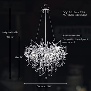 LIZZTREE D23.6 inch Silver Crystal Beaded Branch Chandeliers for Dining Rooms, Modern Chandelier Light Fixtures for Kitchen Island, Bedroom, Living Room