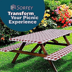Sorfey Picnic Table Cover with Bench Covers -Fitted with Elastic, Vinyl with Flannel Back, Fits for Table 28"x 72" Rectangle,Water Proof, Easy to Clean, Checked Blue Design