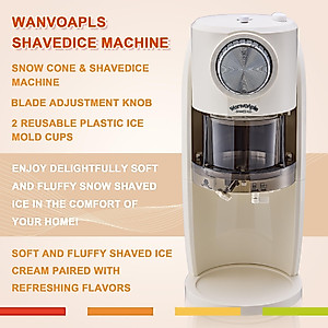 Wanvoapls Shaved Ice Machine - Snow Cone Machine for Homemade Shaved Ice, Snow Cones, Slushie Ice Shaver With Stainless Steel Blade Adjustment Knob, 2 Reusable Ice Mold Cup for snowflakes - White