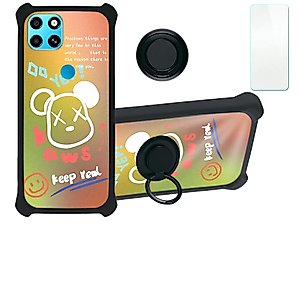 Case for Infinix Smart 6 Case Compatible with Infinix Smart 6 Phone Case Cover [with Tempered Glass Screen Protector][PC + TPU 2 in 1][Ring Support] [Golden Reflect Light] DJH-XXX