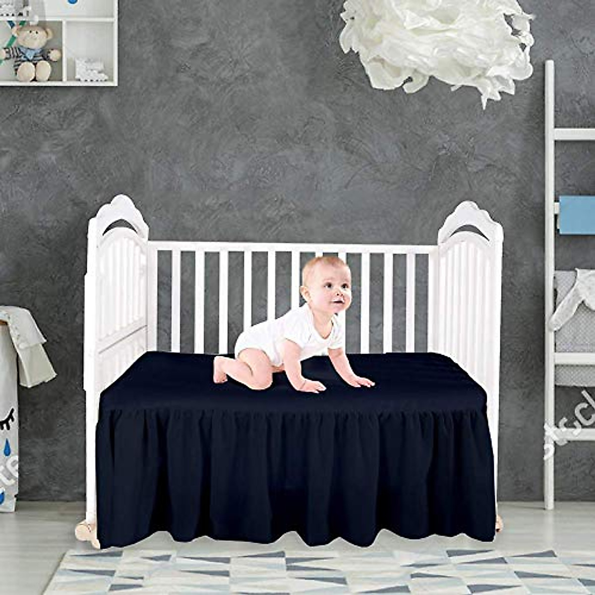 Crib Bed Skirt Dust Ruffle BedSkirt Split Corner 100% Cotton Nursery Crib Toddler Bedding Skirt for Baby Boys or Girls, 14" Drop Navy Blue