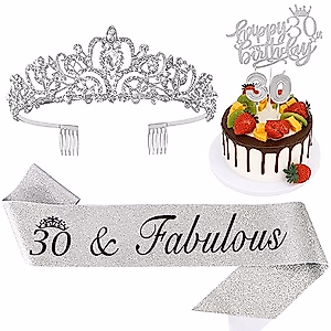 Hapdoo 30th Birthday Decorations women, Including 30th Birthday Rhinestone Crown Tiara, 30&Fabulous Sash with Pearl Pin, Happy Birthday Cake Topper and Number Candles, 30th Birthday Gifts for women, Silver