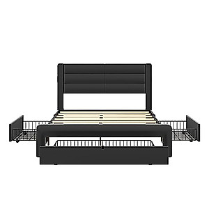 Upholstered Queen Size Platform Bed Frame with 3 Storage Drawers and Headboard, PU Leather Queen Storage Bed with USB Charging Station and Wooden Slats Support, Noise Free, Black