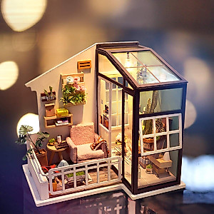 Rolife Dollhouse DIY Craft House Kit-Small Sized Miniature with Accessories and LED-Wooden Model Building Set-Christmas Birthday Gifts for Boys Girls Women Friends(Balcony Daydreaming)