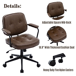 LukeAlon Adjustable Pu Leather Home Office Chair, Comfy 360° Swivel Task Chair with Armrest Modern Thickened Seat Desk Chair Tiltable Computer Chair with Buttons & Wheels, Brown
