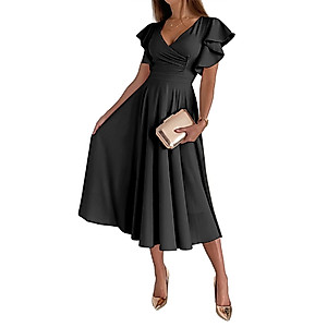 LYANER Women's Deep V Neck Ruffle Short Sleeve Wrap Swing A Line Flared Cocktail Party Midi Dress Black Solid Large