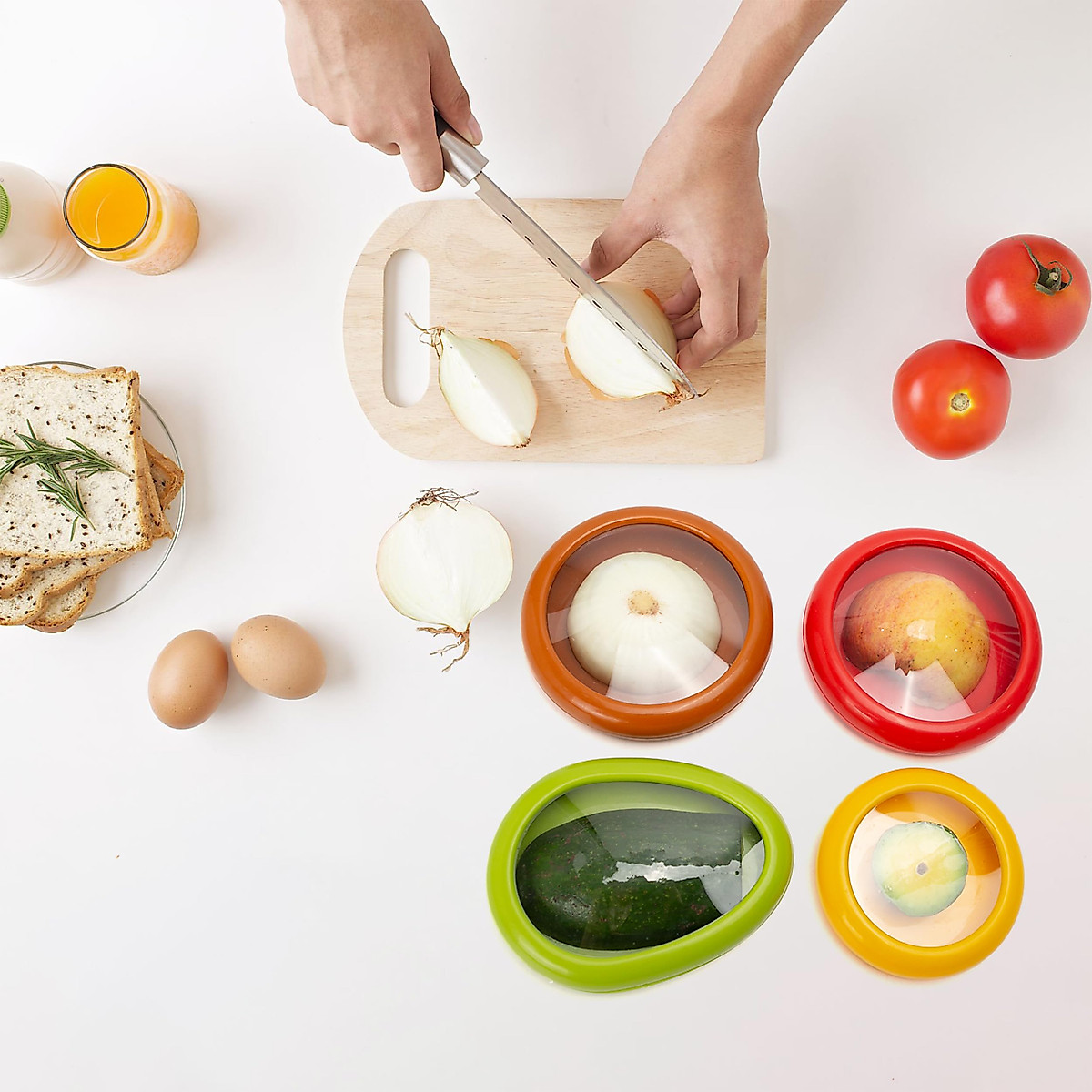 4 Pieces Set Avocado Saver, Onion Silicone Storage, Half Cut Fruit Containers - Reusable Kitchen Gadgets for Fridge - Food Huggers for Cheese, Vegetable, Tomato Holder, Lemon Fresh Stretch Pods Keeper