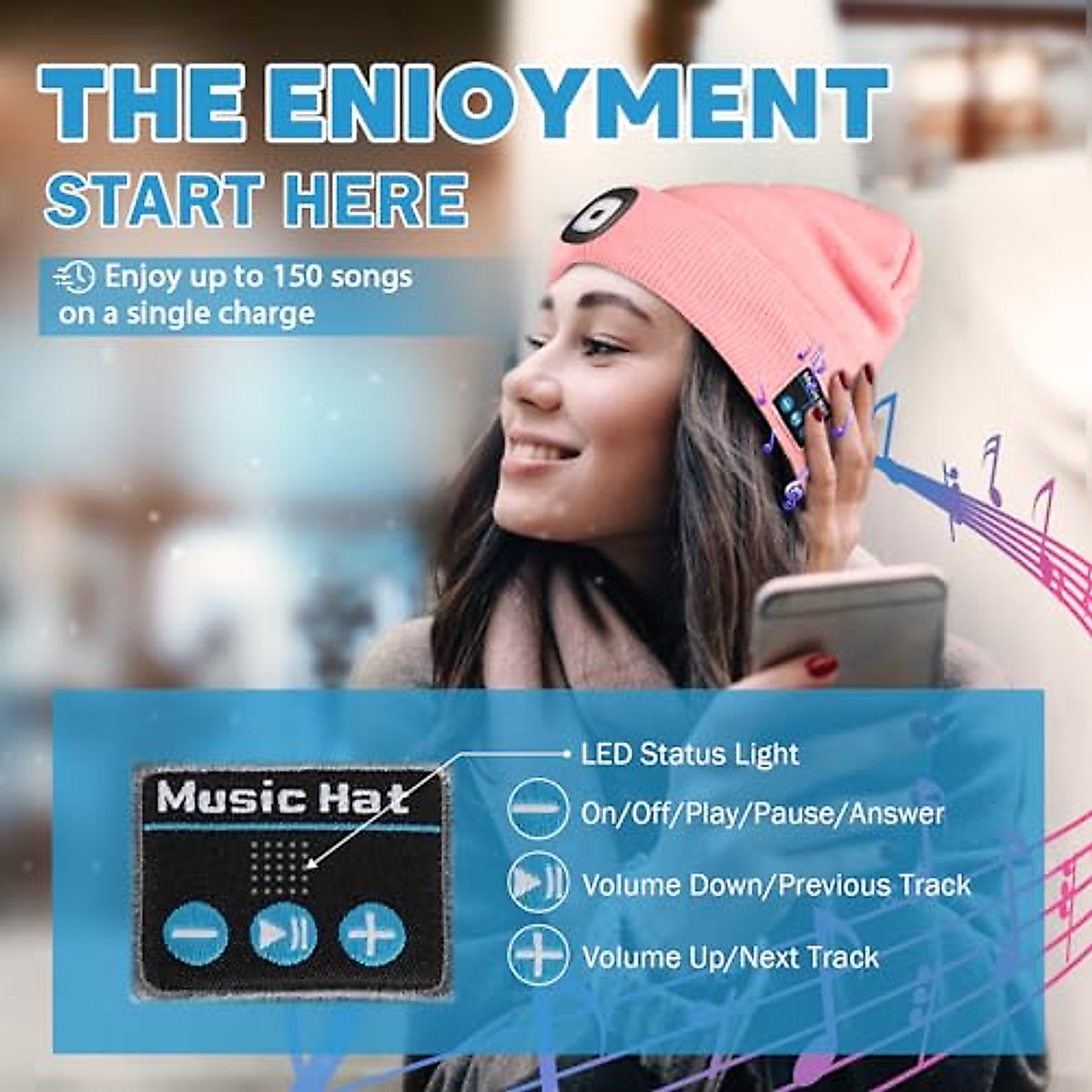 Bluetooth for Women Men Dad Beanie Hats with Light，Musical Knitted Cap with Headphone(Red)