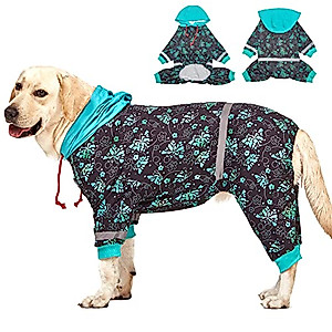 LovinPet Large Breed Dog Onesie Pajamas - UV & Wound Care, Dog Anxiety Relief, Dog Jammies, Reflective Stripe, Butterflies and Rings Black/Green Print, Post Surgery Pet PJ's/Large