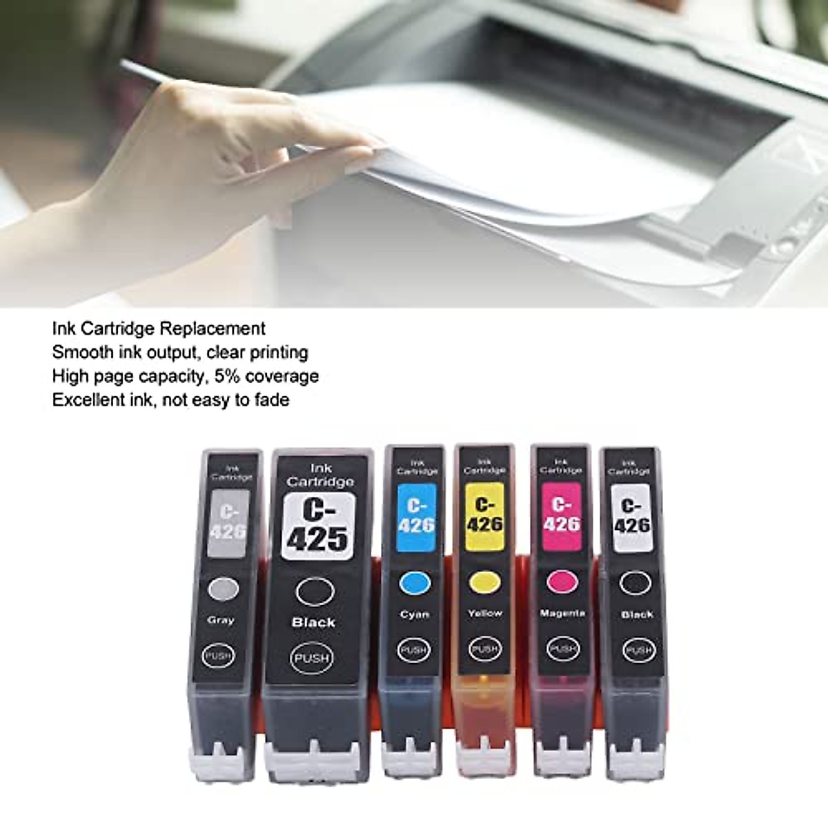 425-426 Ink Cartridge with 5% Coverage, Clear Printing Multi Colors Inkjet Cartridge, for Home, Office, School (BK BK C M Y GY 6 Colors)