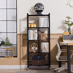 DEANIC 5-Shelf Folding Shelves Bookcase with Wheels, Heavy Duty Storage Shelves, Freestanding Metal Wire Shelving Unit for Living Room, Office, Kitchen, Basement, Pantry (Black)