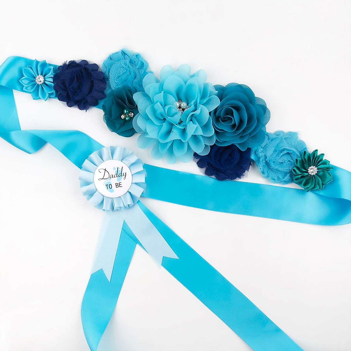 Baby Shower Maternity Sash Belly Belt, Mom to Be & Dad to Be Button Pin, Pregnancy Maternity Flower Sash Belt for Gender Reveal (Blue Baby Boy)