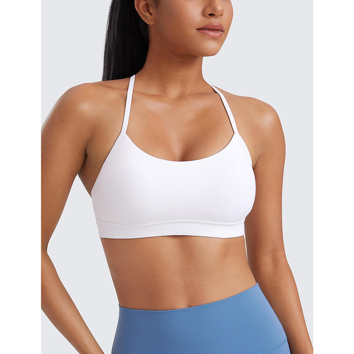 CRZ YOGA Butterluxe Womens Y Back Sports Bra - Padded Racerback Low Impact Spaghetti Thin Strap Workout Yoga Top White Small