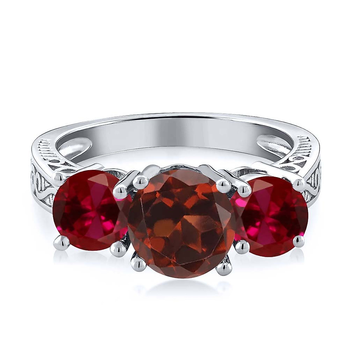 Gem Stone King 925 Sterling Silver Red Garnet and Created Ruby 3-Stone Ring For Women (2.50 Ct Round, Gemstone Birthstone, Available in size 5, 6, 7, 8, 9)