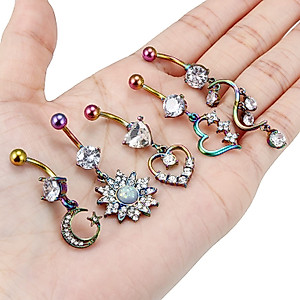 kwoencxi 14G Belly Button Ring for Women Stainless Surgical Steel Long Dangle Curved Hypoallergenic Belly Navel Ring Barbells Bar Belly Piercing Jewelry for Women Colorful 10mm CZ Diamond Gem