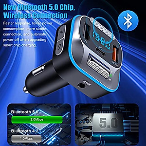 AVNICUD Bluetooth FM Transmitter, 2023 Stronger Hi-Fi Bass Sound Wireless Car Radio Adapter with 7 Colors LED, Hands Free Calls, 30W PD&QC3.0 Fast Charging AUX and U Disk Bluetooth Car Adapter