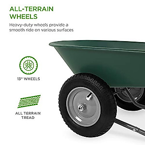 Best Choice Products Dual-Wheel Home Utility Yard Wheelbarrow Garden Cart w/Built-in Stand for Lawn, Gardening, Grass, Soil, Bricks, and Construction, Green