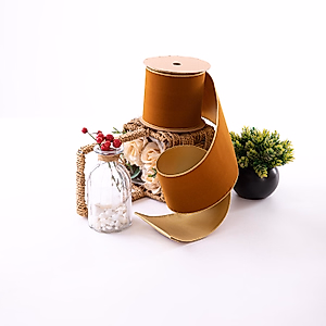 CSZD RIBBON Copper Velvet Fall Wired Ribbon 4 inch Wide*10Y Terracotta/Copper and Gold Velvet Ribbon for Christmas Tree/Xmas Wreaths Gift Wrapping Bows Gralands Home Decor Crafts (terracotta/copper)