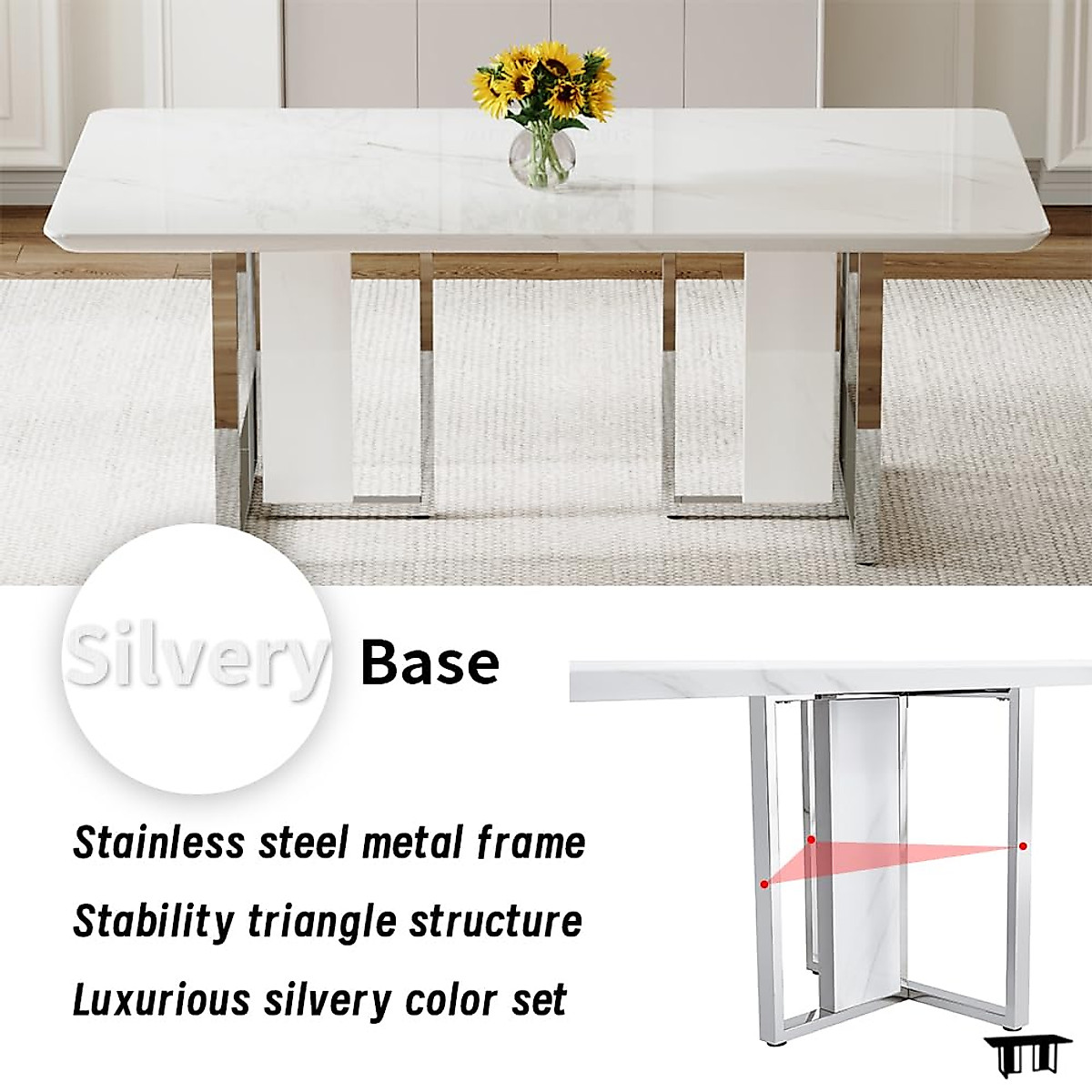 67" Dining Table,White Gloss Kitchen Table,1.57" Thick MDF Board Table Top Coated by Faux Marble Pattern with Chrome Plate Metal Base,Modern Dining Table for 6-8 People