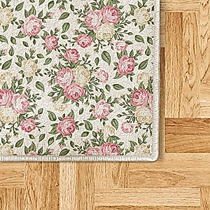 Lunarable Flower Decorative Area Rug, Roses Rosebuds Leaves Bouquet Flower Arrangements Bridal Victorian Style, Quality Carpet for Bedroom Dorm Living Room, 4' X 5' 5", White Pink Green