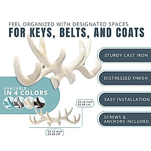 Comfify Vintage Cast Iron Deer Antlers Wall Mounted Hooks | Antique Finish Metal Clothes Hanger Rack w/Hooks | includes Screws and Anchors | in Antique White
